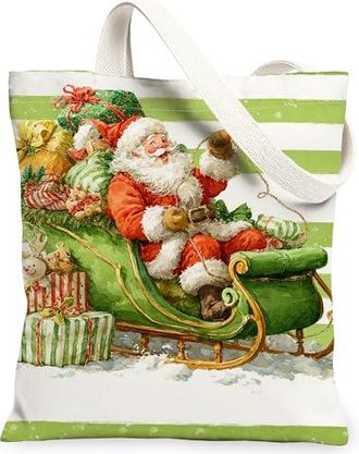 Generic Sacs fourre-tout en toile avec motif de tra&icirc;neau du P&egrave;re No&euml;l, sacs de courses r&eacute;utilisables, sacs de courses l&eacute;gers et lavables pour cadeaux, voyage,