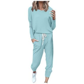 Generic Surv&ecirc;tement deux pi&egrave;ces pour femme en lin d&eacute;contract&eacute; &agrave; col rond et manches 3/4, pantalon &agrave; jambe large avec poches, v&ecirc;tement de d&eacute;tente pour femme, p
