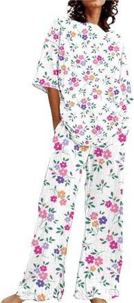 Generic Ensemble de pyjama à manches courtes pour femme - Haut long et pantalon - Ensemble de loisirs avec poches - Tenues deux pièces - Ensemble de pyjama do