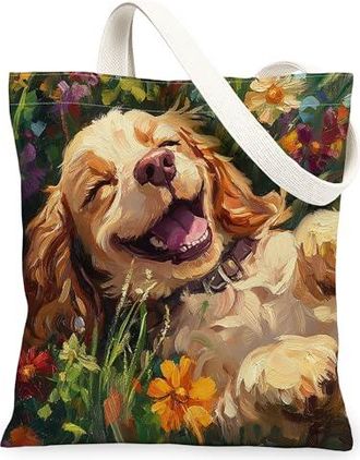 Generic Sac fourre-tout en toile motif &eacute;pagneul cocker printanier pour le shopping, 33 x 38,1 cm, sac d&eacute;picerie r&eacute;utilisable pour femme, motif animal de compa
