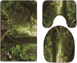 A.Monamour Badezimmer Badematte 3 Teilig Set Gr&uuml;ne Tropische Dschungel Regen Wald B&auml;ume Holzbr&uuml;cke Natur Landschaft Foto Flanell Saugf&auml;hig Badteppiche Badvorlege