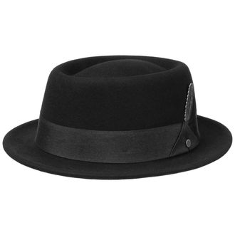 Stetson Vancosta Pork Pie Wollhut Damen Herren Aus 100% Wollfilz Wasserabweisend Knautschbar Ripsband Feder Metall Herbst Winter schwarz M (56-57 cm)