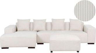 Beliani 4-Sitzer Ecksofa Cremeweiß Stoffbezug Cord L-Förmig mit Ottomane Chaiselongue Rechtsseitig 4 Dekokissen Modern Wohnzimmer Wohnlandschaft Sofa