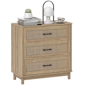 HOMCOM Bohemian Rattan Kommode, 3 Schubladen Kommode mit Pinienholz Beinen, breite Aufbewahrungseinheit f&uuml;r Wohnzimmer, Flur, Eiche