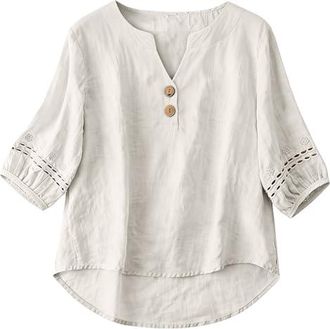 Generic T-shirts &agrave; manches longues et col en V pour femme - Chemise en lin brod&eacute; pour femme - Haut en lin &agrave; manches 3/4 - Linentops d&eacute;t&eacute; - Grande taille - Che