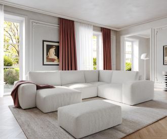 DELIFE Wohnlandschaft Lanzo 300x210 cm Boucl&eacute; Creme-Wei&szlig; Recamiere variabel mit Hocker, Wohnlandschaften