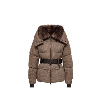 Moncler Moncler Gelise Shearling-trimmed Belted Down Jacket, Women, Brown, Size: 0