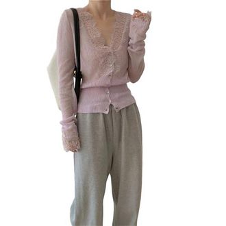 Generic Cardigan en dentelle noire &agrave; manches longues pour femme - Haut fin &agrave; simple boutonnage - Mode cor&eacute;enne, violet clair, Taille Unique