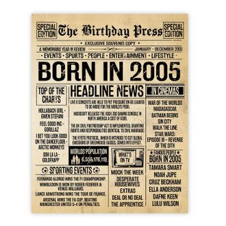 Stuff4 Poster zum 20. Geburtstag, ungerahmt - Born in 2005 Vintage-Zeitung - Happy 20th Birthday Geschenke f&uuml;r Frauen und M&auml;nner, Retro Back in 2005, 20,3 x 