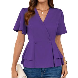 Grace Karin Damen Bluse Elegant Spitze Langarm V Ausschnitt Business Büro Hemd Tops CL0362/Lila XL