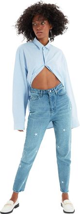 Trendyol Damen Blue Star Stickerei Bestickte Hohe Taille Momerjeans Jeans, Blau, 38 EU