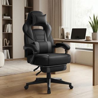 Songmics Fauteuil de Bureau Ergonomique, Chaise Gaming avec Appui-T&ecirc;te, Coussin Lombaire, R&eacute;glable en Hauteur, Noir et Gris