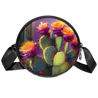 Generic Petit sac &agrave; bandouli&egrave;re rond pour femme, motif fleurs de cactus avec fermeture &eacute;clair, bretelles r&eacute;glables, sac &agrave; main rond d&eacute;contract&eacute; pour femmes et