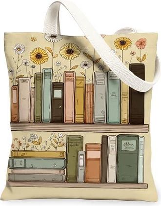 Generic Sac fourre-tout en toile pour biblioth&egrave;que, motif floral vintage, sac &agrave; provisions r&eacute;utilisable, l&eacute;ger et lavable, beige, 13x15 Inch