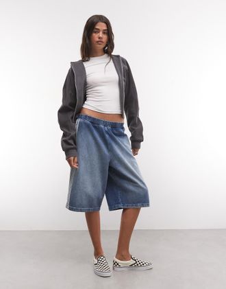 Collusion Baggy-Denim-Shorts mit Seitenstreifen-Detail in mittlerer blauer Waschung