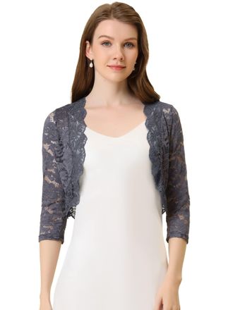 Allegra K Damen Spitzen Festlich Bolero 3/4 &Auml;rmel Hochzeit Strickjacke Vorne Offen Crop Cardigan Shrug Dunkelgrau XS
