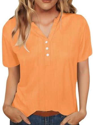 Generic IQYU T-shirt long pour femme - Grandes tailles - Manches courtes - En mousseline - Chemisier surdimensionn&eacute; en lin - Col en V - Couleur unie - Haut d&eacute;