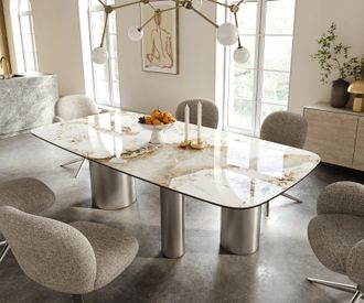 DELIFE Esstisch Edge Boot 240x120 cm Keramik Minas Melange Wei&szlig;-Beige Troa Edelstahl geb&uuml;rstet, Esstische