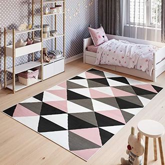 Tapiso Pimky Tapis de Chambre Enfant B&eacute;b&eacute; Fille Gar&ccedil;on Adulte Design Moderne Rose Gris Blanc Noir G&eacute;om&eacute;trique Motif Triangles Tapis de Jeu Poil Court Fin Dou