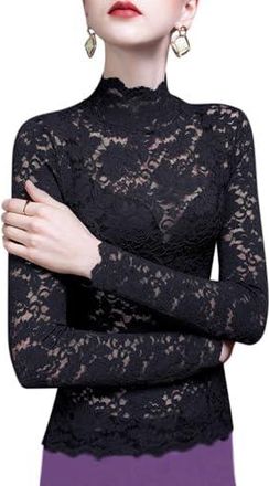 Minetom Femme T-Shirt Manches Longues Dentelle Chemisier Moulant Shirt Transparente Blouse Couleur Unie Hauts Tops A Noir XS