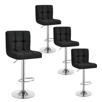 Woltu Tabourets Bar Lot de 4 Pied Noir/Blanc en Métal Siège en Lin rembourrée Ajustables en Hauteur avec Dossier, Noir, BH32sz-4