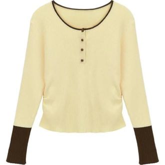 Generic QXDZSW Pull &agrave; manches longues pour femme Hiver R&eacute;tro Contraste Couleur Col rond Tricot Haut Confortable Slim Pull, jaune, L