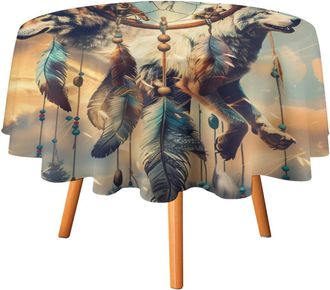 AOOEDM Tischdecken mit Aquarell-Schmetterlings-Traumf&auml;nger und Adler, rund, 91,4 cm, Moderne Tischdecke mit indianischen Federn, Traumf&auml;nger und Wolf, waschb