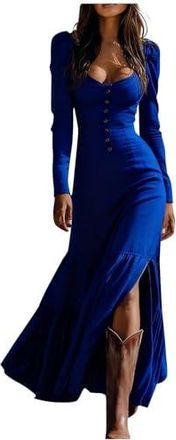 Generic Robe de cowgirl occidentale pour femme, manches longues, col en V, boutons, robe maxi vintage, fente lat&eacute;rale, style boh&egrave;me, robe trap&egrave;ze fluide, bleu