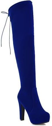 Generic Bleu,43 EU,Bottes Hautes en Daim pour Femmes, Bout Rond, Plateforme, Talons épais, Bottes Hautes et Longues, Fermeture éclair latérale et Lacets, Chau