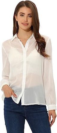 Allegra K Hauts Transparents en Maille pour Chemise boutonn&eacute;e &agrave; Manches Longues et col Pointu pour Femme Blanc M