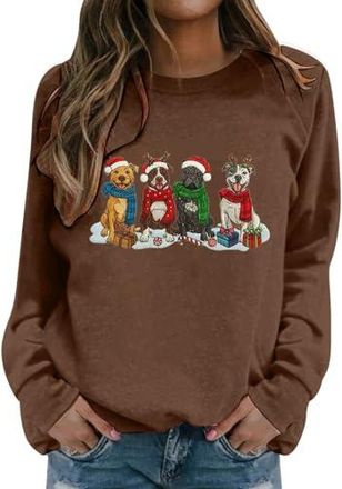 Generic Chandails de Noël pour femmes, col rond, imprimé de Noël amusant, coupe ample, confortable, mignon, tenues tendance 2025, A - Marron., M