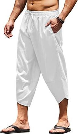 ORANDESIGNE Homme 3/4 Shorts Pantalon Capri à Jambe Large et Droite Été Léger Pantalon en Mélange Coton Lin Décontracté Pantalon Sarouel Yoga Strand Bouffant Cord