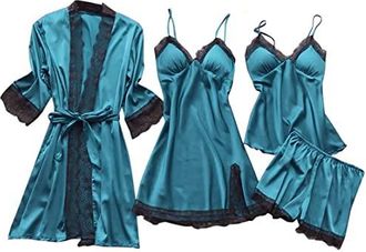 Minetom Ensembles de Pyjama 4 Pièces Femme Satin Peignoir Vêtements de Nuit Dentelle Col V Débardeur et Shorts Robe et Kimono A Bleu XL