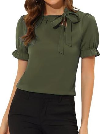 Allegra K Femmes Chemises Col Noeud Papillon Haut Chemisier Élégant Manches Courtes pour Bureau Halloween déguisement Armée Verte L