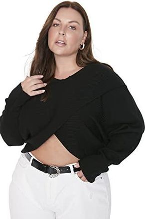 Trendyol Pull uni à col en V Grande Taille Maillot de survêtement, Noir, 3XL Femme