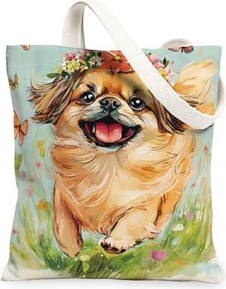Generic Sac fourre-tout en toile motif chien p&eacute;kinois printanier 33 x 38,1 cm, sac d&eacute;picerie r&eacute;utilisable pour femme, animal de compagnie, motif de voyage, d&eacute;