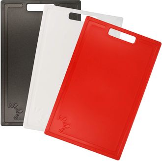Com-Four 3x Schneidebrett aus Kunststoff mit Ablauf-Rille - robustes und rutschfestes Frühstücksbrett für die Küche (03 Stück - schwarz. weiß. rot)