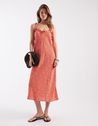 Levi's Sarita - Midi-Tr&auml;gerkleid in Rot mit Bl&uuml;mchenmuster