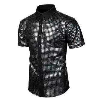 Generic Chemise Homme Paillette- Chemise &agrave; Manches Courtes &agrave; Paillettes pour Les F&ecirc;Tes Les Spectacles Et Les &eacute;V&eacute;Nements Festifs Chic