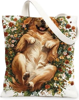 Generic Sac fourre-tout en toile motif chien Golden Retriever pour faire du shopping 33 x 38,1 cm, sac &agrave; bandouli&egrave;re r&eacute;utilisable pour femme, peinture danimau