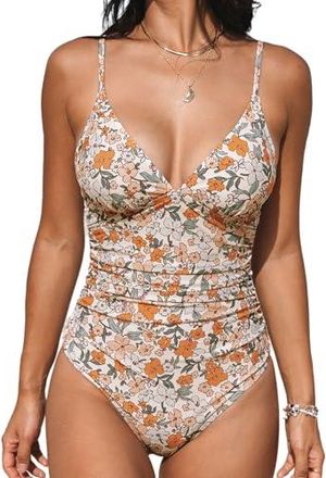 Cupshe Maillot de bain une pièce pour femme avec contrôle du ventre et col en V, Motif floral jaune., Taille XL