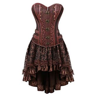 Grebrafan Bustier Corset Cuir Femme Pirate Steampunk et Jupe Asymétrique en Tulle (EU(36-38) L, Marron)
