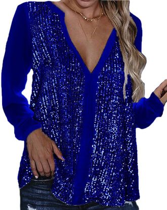 Minetom Damen Gl&auml;nzend Pailletten T-Shirt Langarm Blusen V-Ausschnitt Lose Oversize Shirt Casual Sommer Oberteile Top B Blau XXL