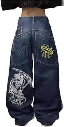 Generic Jean surdimensionné pour femme - Jean cargo baggy avec plusieurs poches Y2k Streetwear - Pantalon décontracté - Taille mi-haute - Grande taille - Salo