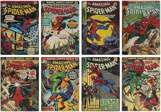 Spider-Man Spiderman Offiziell lizenziertes Comicbuch-Untersetzer-Set, 8 St&uuml;ck, Gamer- und Comic-Serie, Fan-Dekor und Geschenk, nostalgisches Marvel Superhelden-