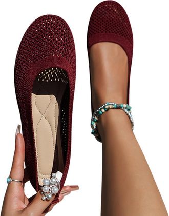 Minetom Damen Ballerina Slip On Schuhe rutschfest Stricken Sneaker Bequem Atmungsaktiv Sommer Sportlich Frauen Flache Schuhe Komfort Flats Schuhe A Rot 39 EU