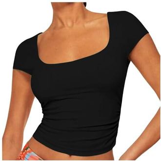 Generic Haut court d&eacute;t&eacute; pour femme 2025 Y2K - Coupe ample - Mignon - Demi-chemises amincissantes - D&eacute;contract&eacute; - Col carr&eacute; - T-shirt tendance &agrave; manches courte