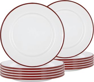 Argon Tableware Weiße Emaille -Dinner -Teller - 25,5cm - Rot - Pack Von 12