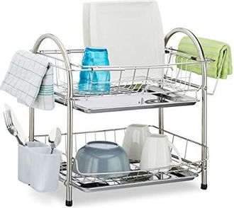 Relaxdays Abtropfgestell 2 Etagen, Besteckhalter Abtropfgitter Abtropfschale, Edelstahl HxBxT: 39,5 x 60 x 28 cm, silber