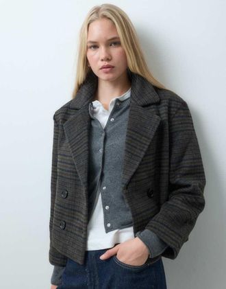 Mango Teen Trenchcoat aus Wollmix in Schokobraun mit Karoprint, cropped